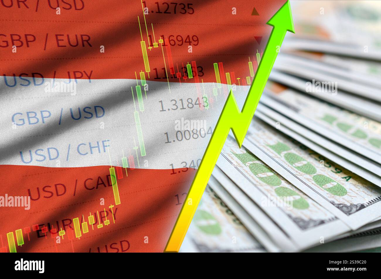 Austria flag and chart growing US dollar position with a fan of dollar ...