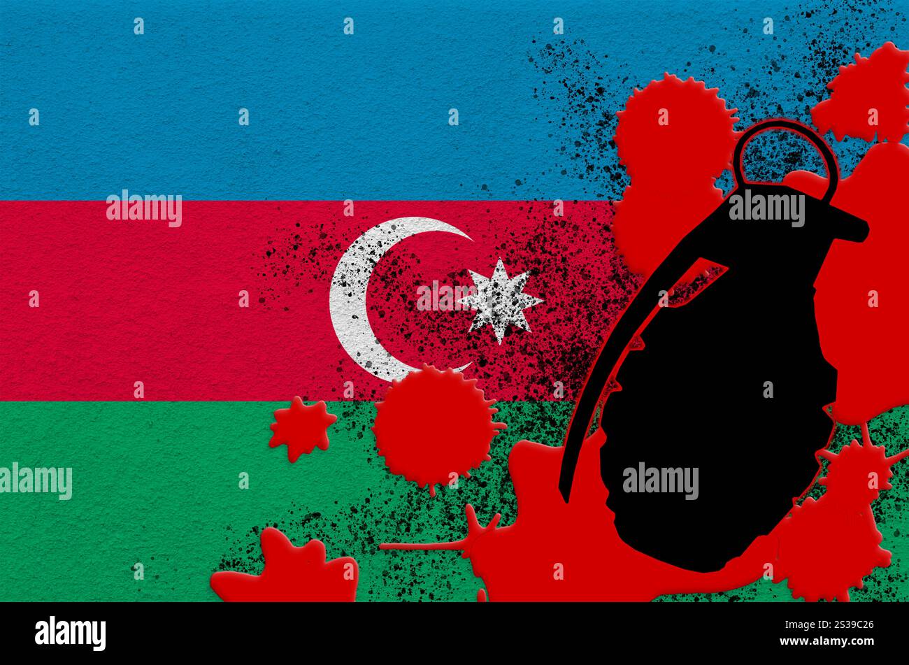Azerbaijan flag and MK2 frag grenade in red blood. Concept for terror ...