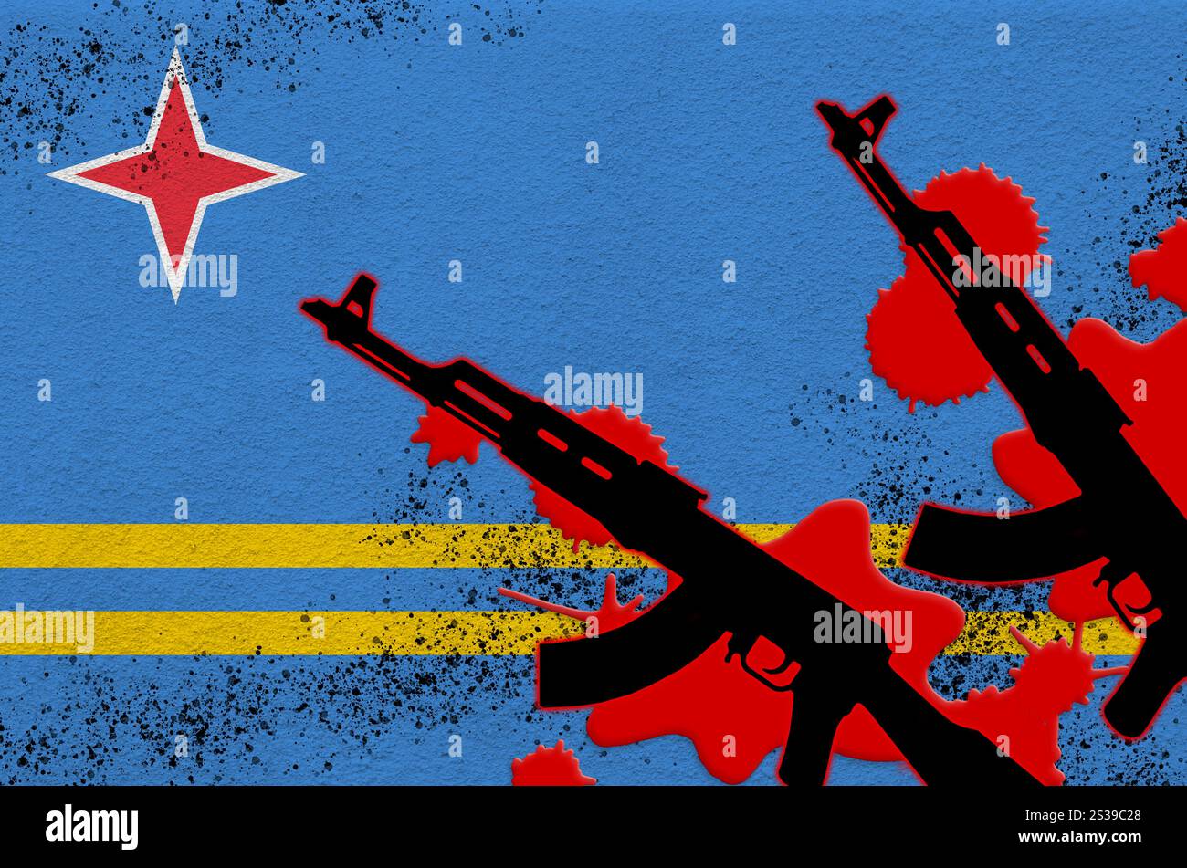 Aruba flag and two black AK-47 rifles in red blood. Concept for terror ...