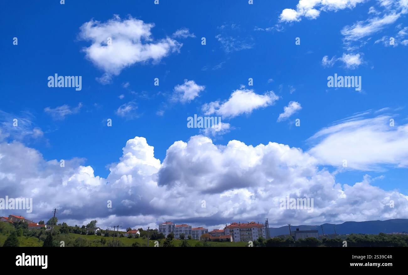 Clear blue sky texture and white fluffy cloud nature background. The ...
