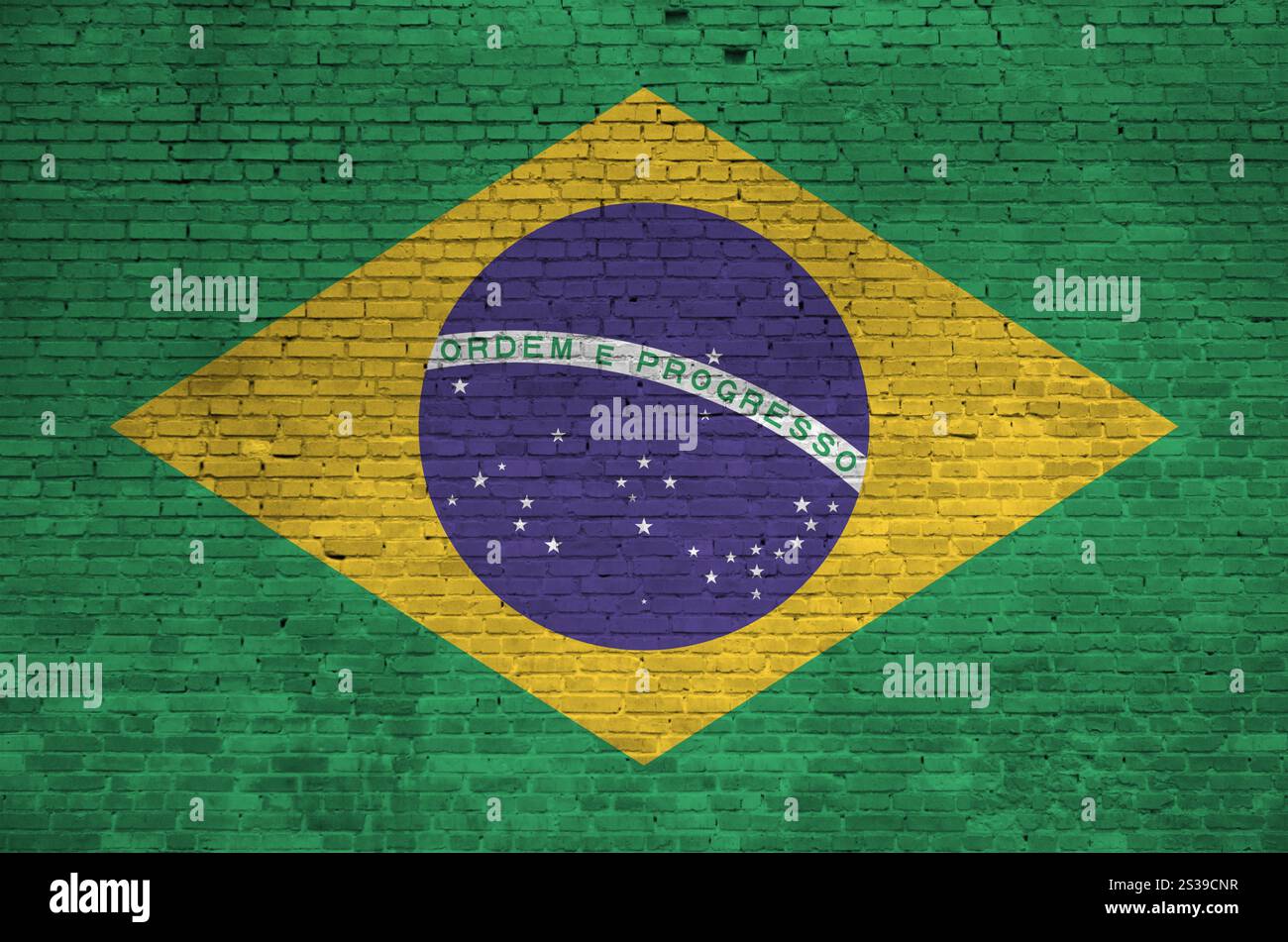 Brazil flag depicted in paint colors on old brick wall close up ...