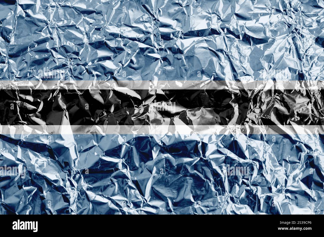 Botswana flag depicted in paint colors on shiny crumpled aluminium foil ...