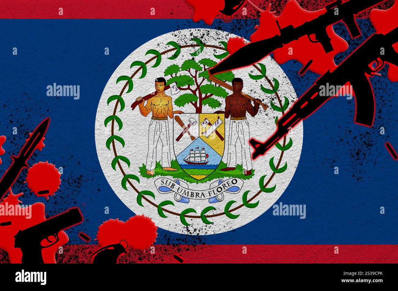 Belize flag and various weapons in red blood. Concept for terror attack ...