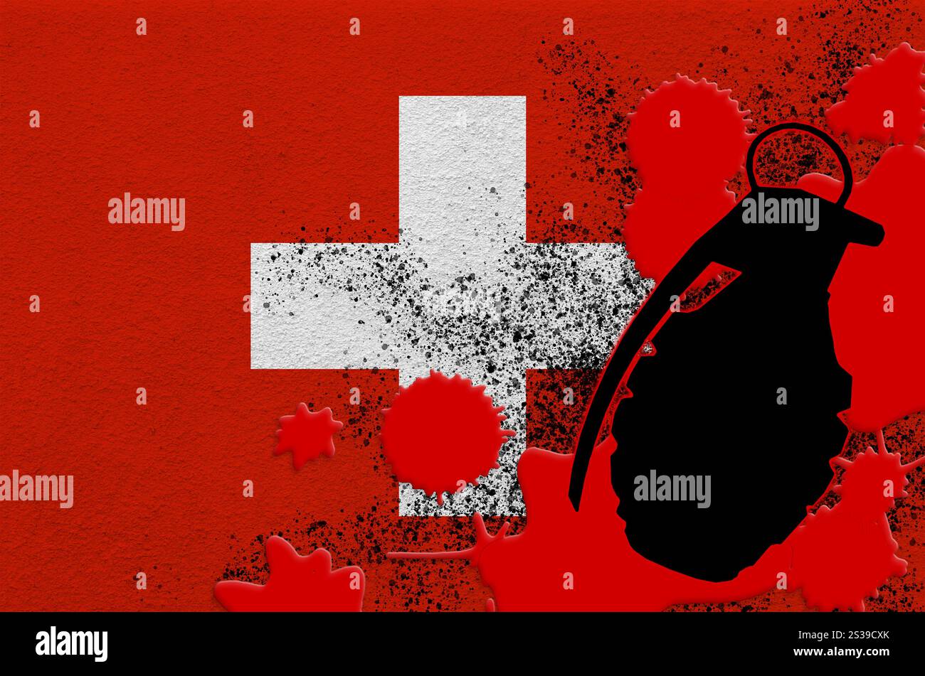 Switzerland flag and MK2 frag grenade in red blood. Concept for terror ...