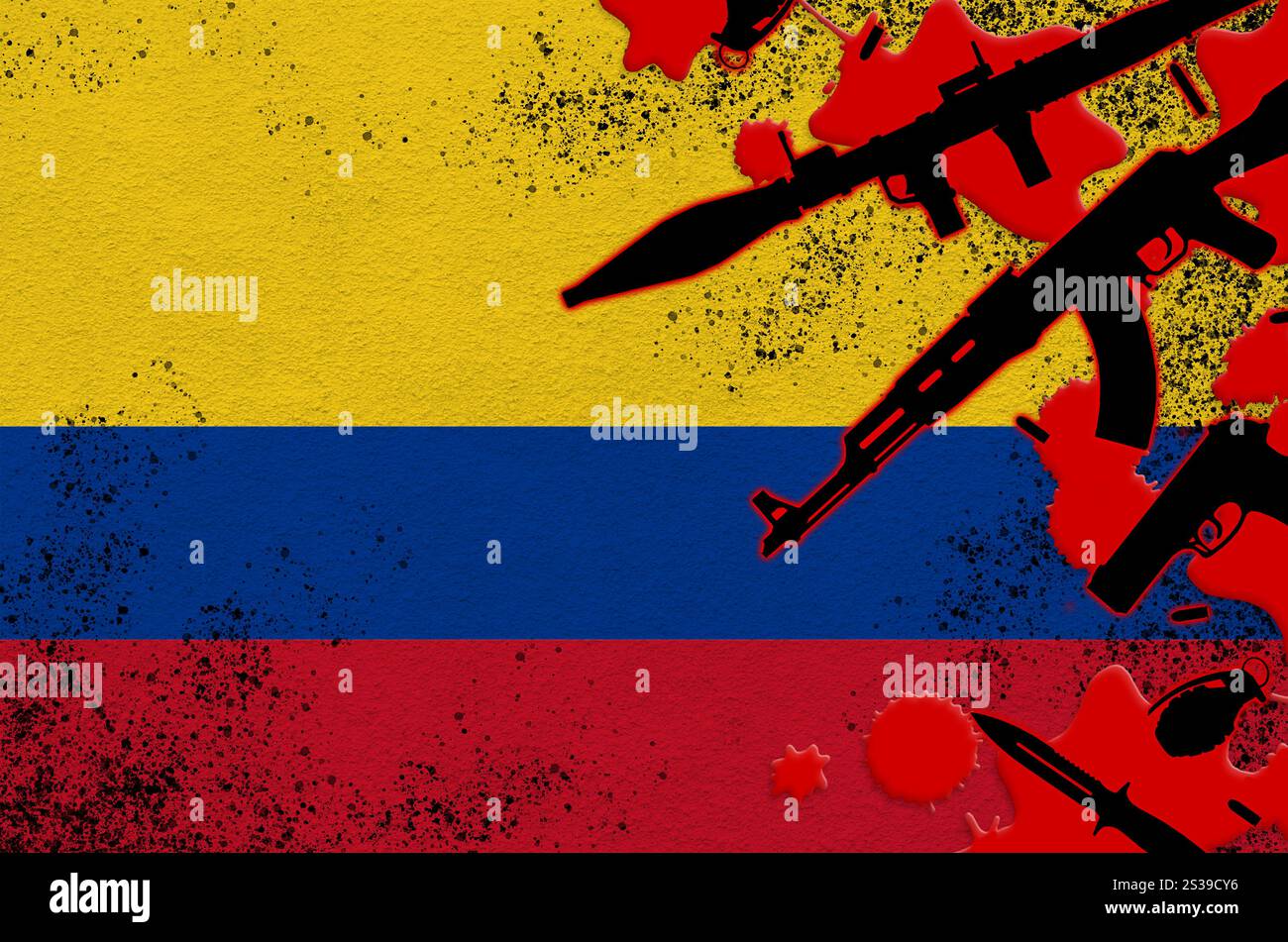 Colombia flag and various weapons in red blood. Concept for terror ...
