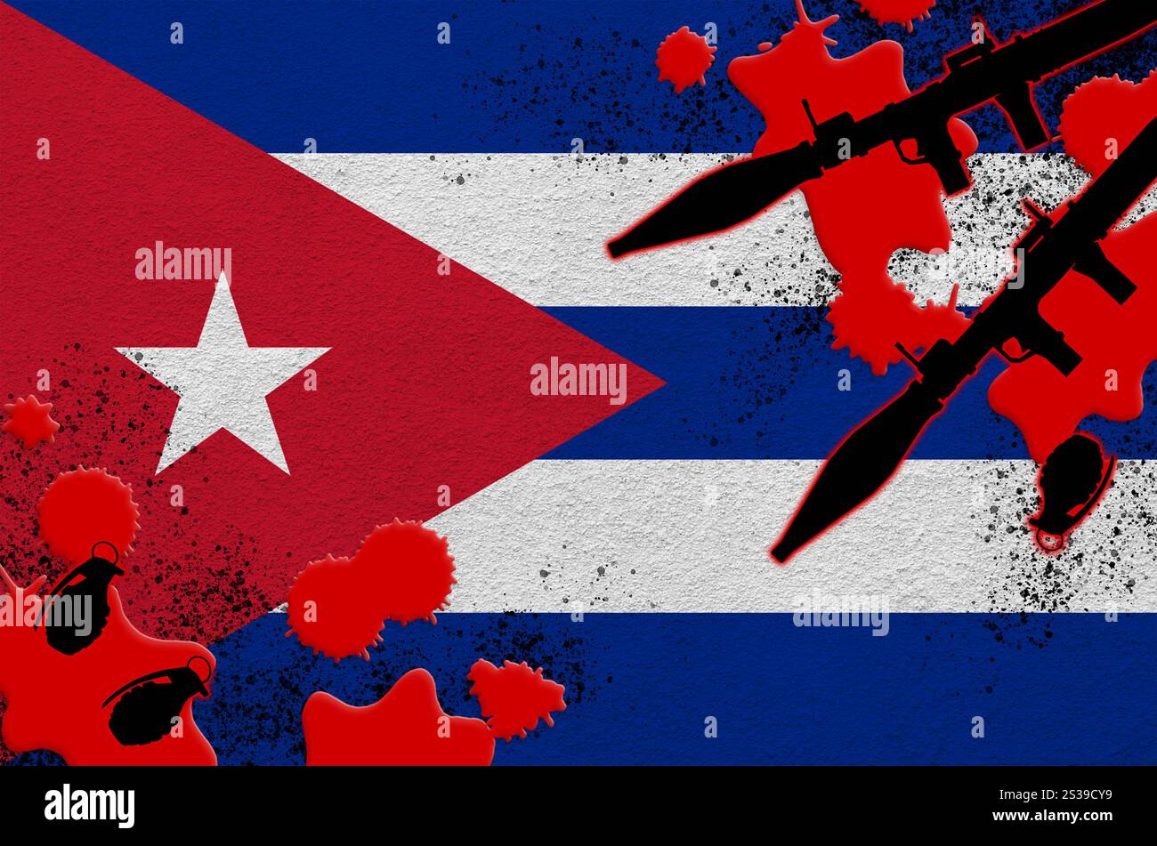 Cuba flag and rocket launchers with grenades in blood. Concept for ...