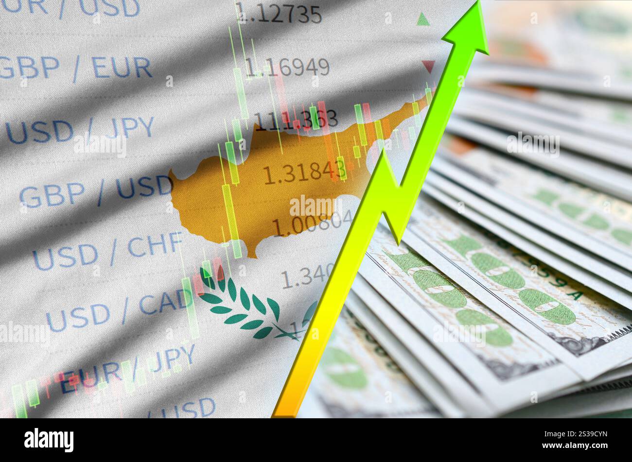 Cyprus flag and chart growing US dollar position with a fan of dollar ...