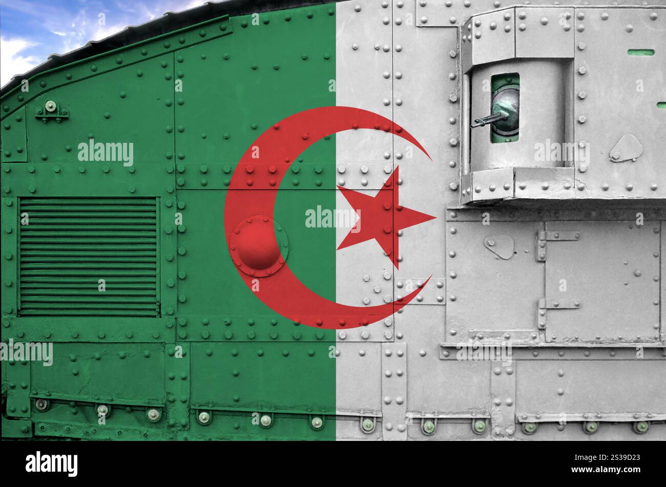 Algeria flag depicted on side part of military armored tank close up ...