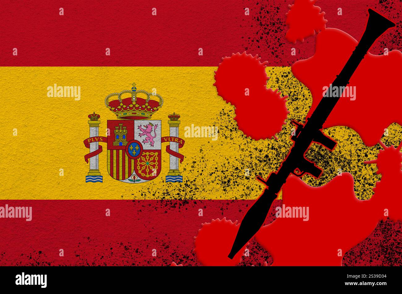 Spain flag and black RPG-7 rocket-propelled grenade launcher in red ...