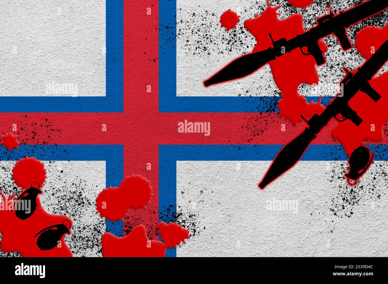 Faroe islands flag and rocket launchers with grenades in blood. Concept ...