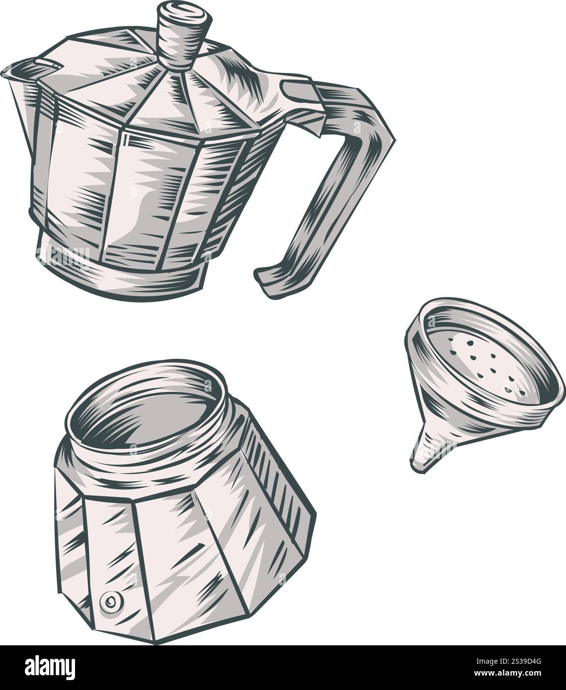 Italian moka cartoon disassembled into elements, traditional espresso ...