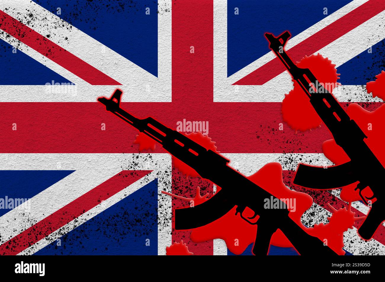 Great britain flag and two black AK-47 rifles in red blood. Concept for ...