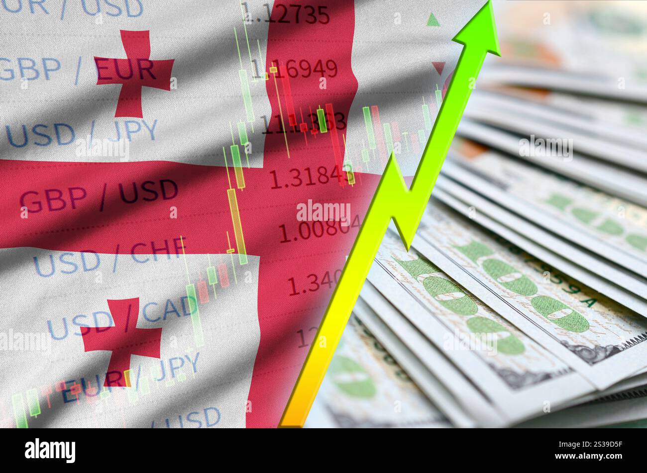 Georgia flag and chart growing US dollar position with a fan of dollar ...