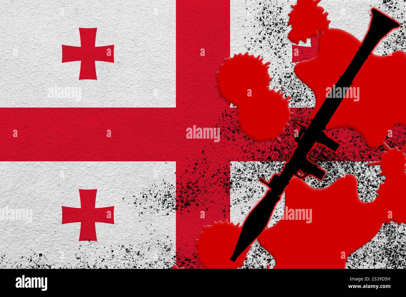 Georgia flag and black RPG-7 rocket-propelled grenade launcher in red ...