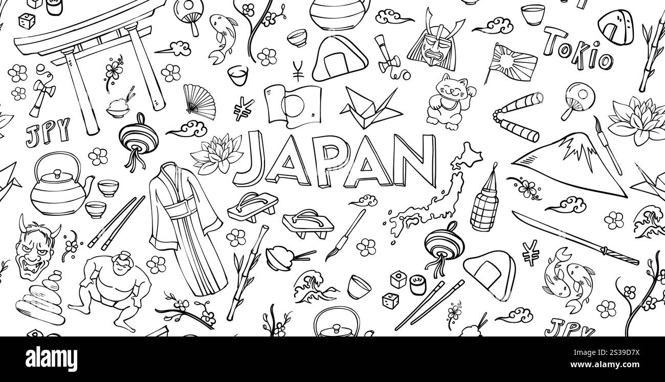 Japan doodle sketch elements. Symbols of Japan. vector banner Stock ...