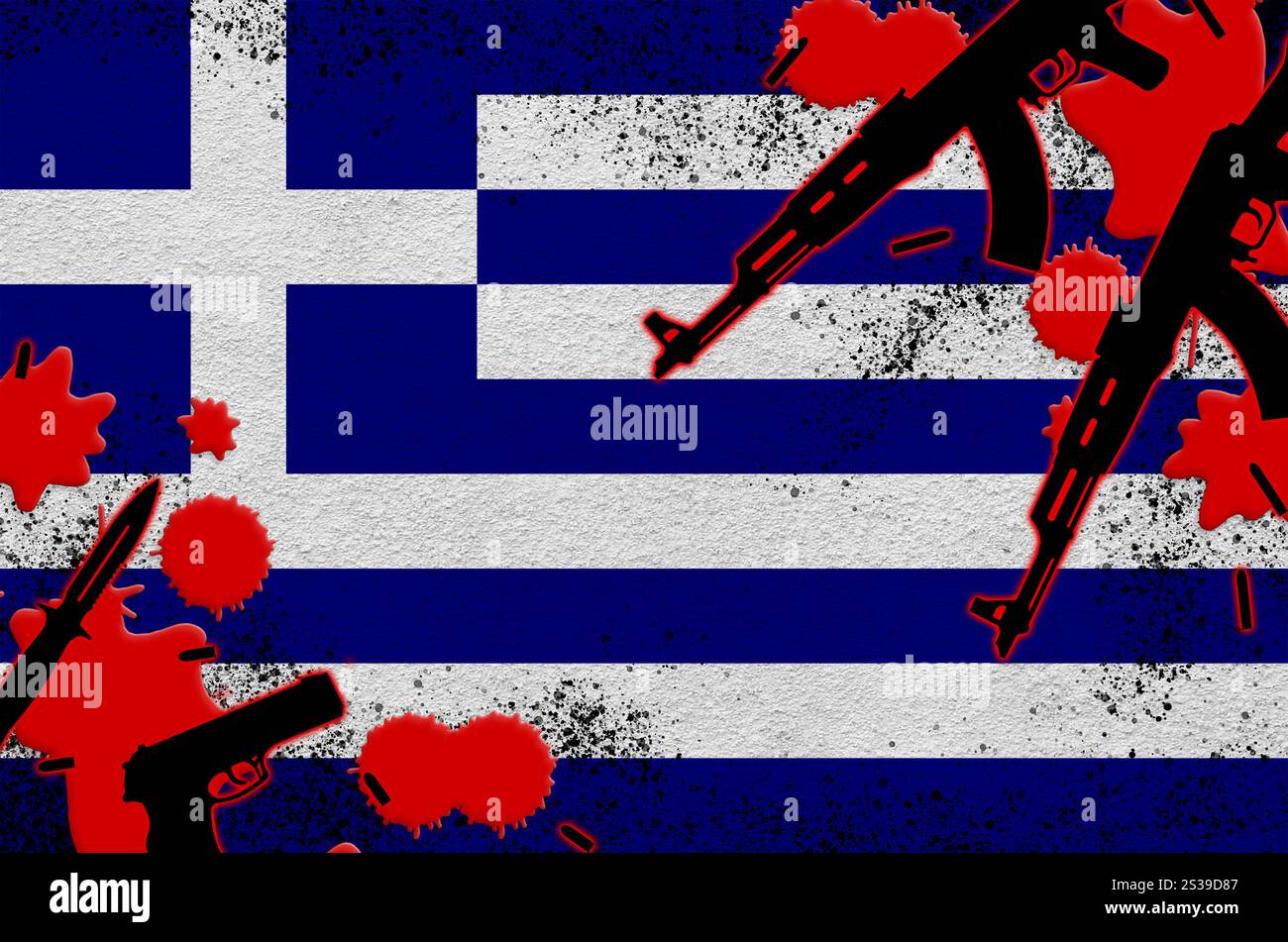 Greece flag and guns in red blood. Concept for terror attack and ...