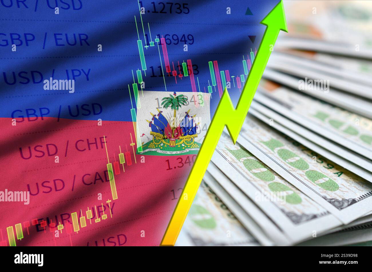 Haiti flag and chart growing US dollar position with a fan of dollar ...
