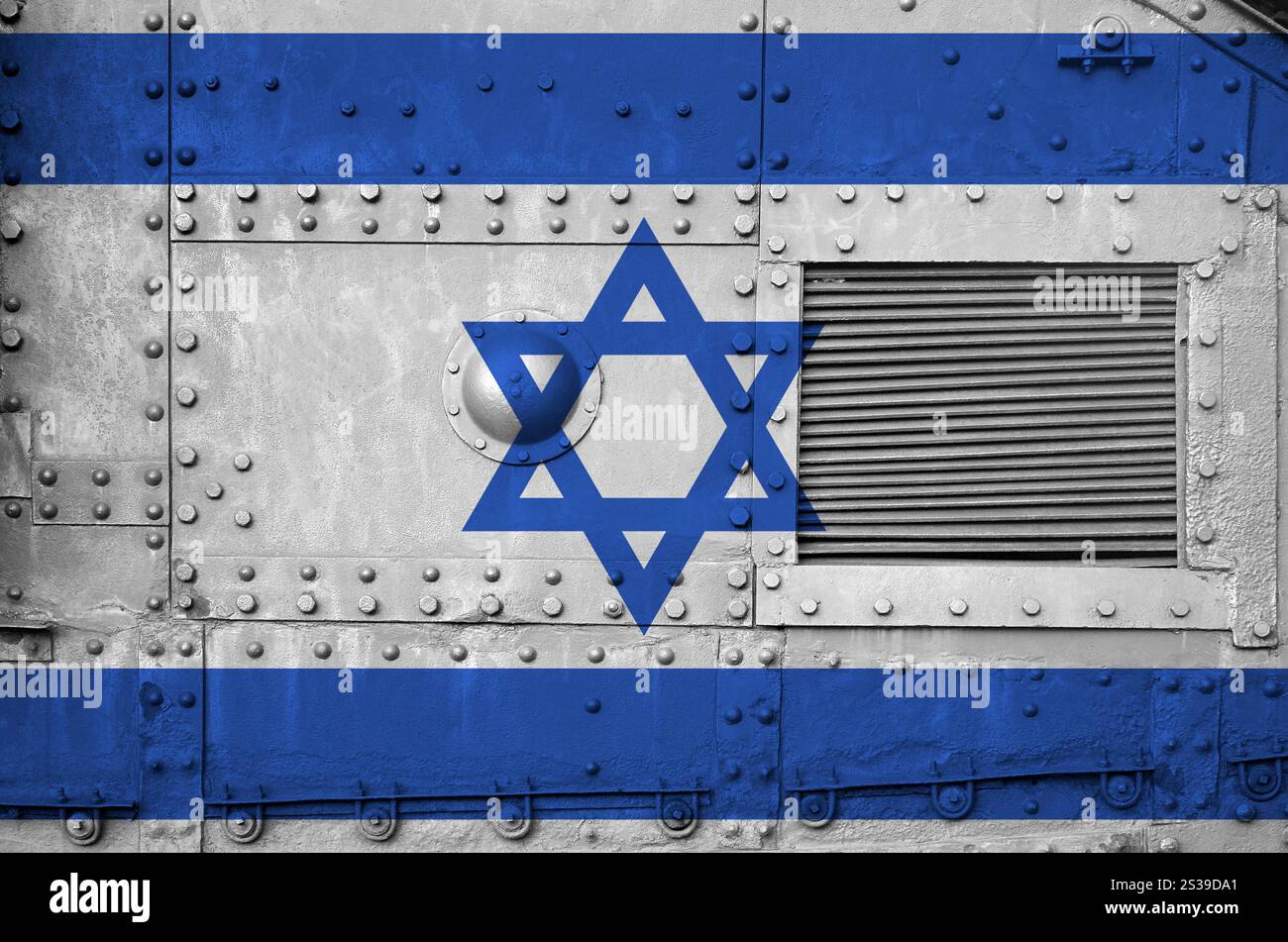 Israel flag depicted on side part of military armored tank close up ...