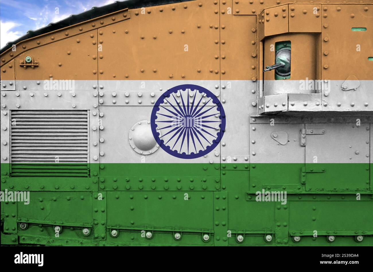 India flag depicted on side part of military armored tank close up ...