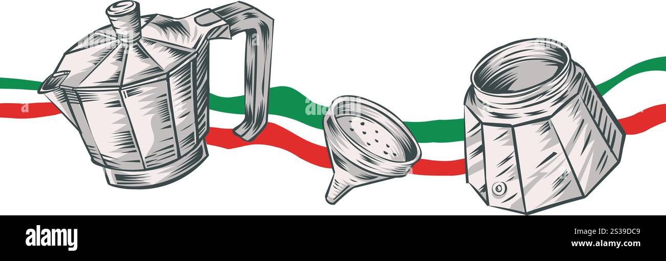 Italian moka illustration, Traditional Espresso hand drawn on Italian ...