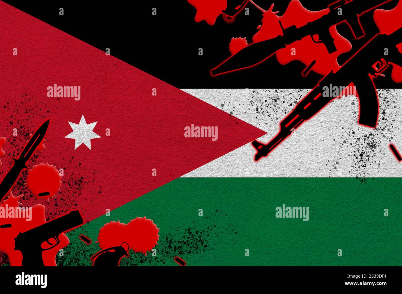 Jordan flag and various weapons in red blood. Concept for terror attack ...