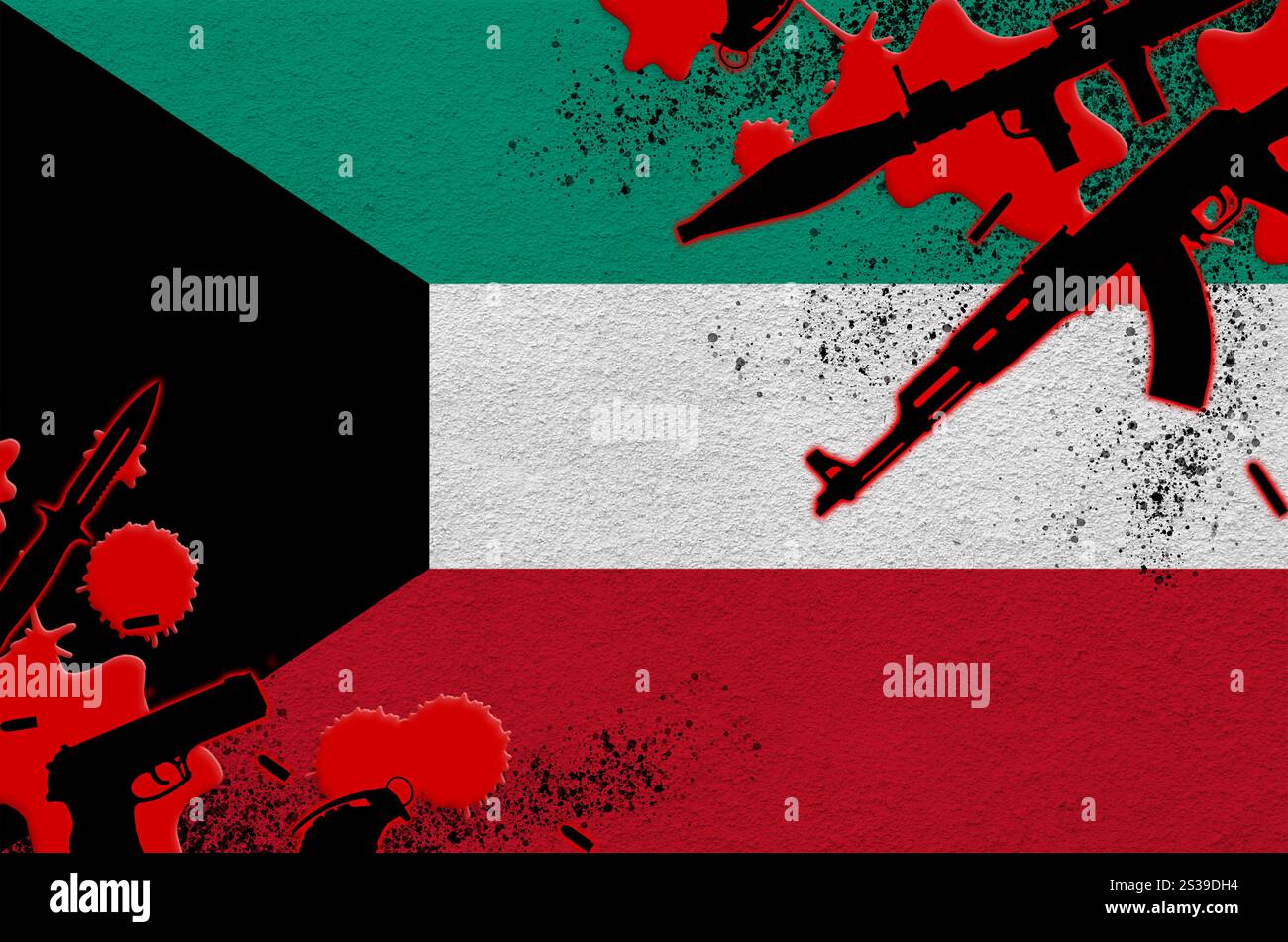 Kuwait flag and various weapons in red blood. Concept for terror attack ...