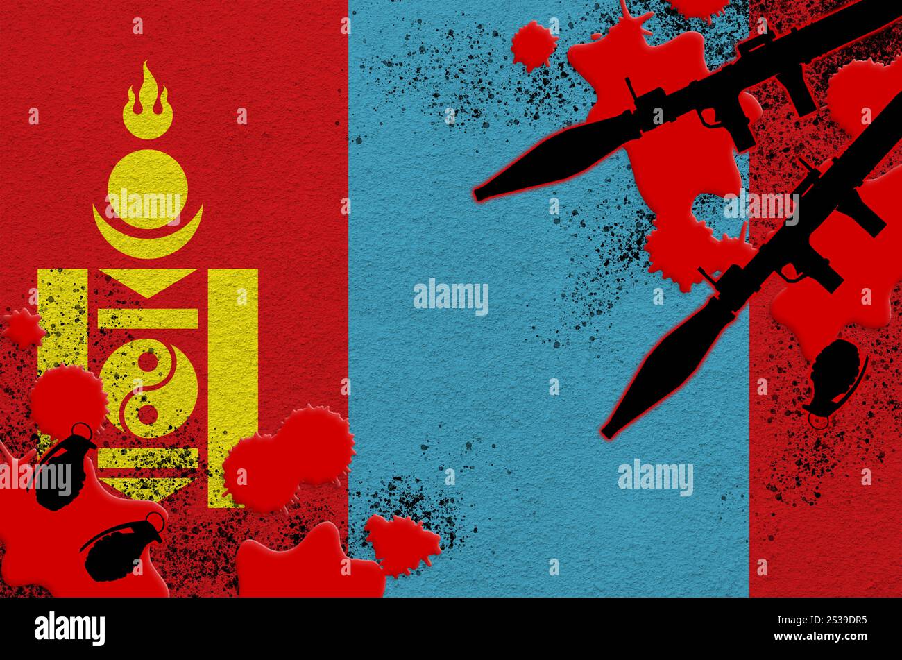 Mongolia flag and rocket launchers with grenades in blood. Concept for ...