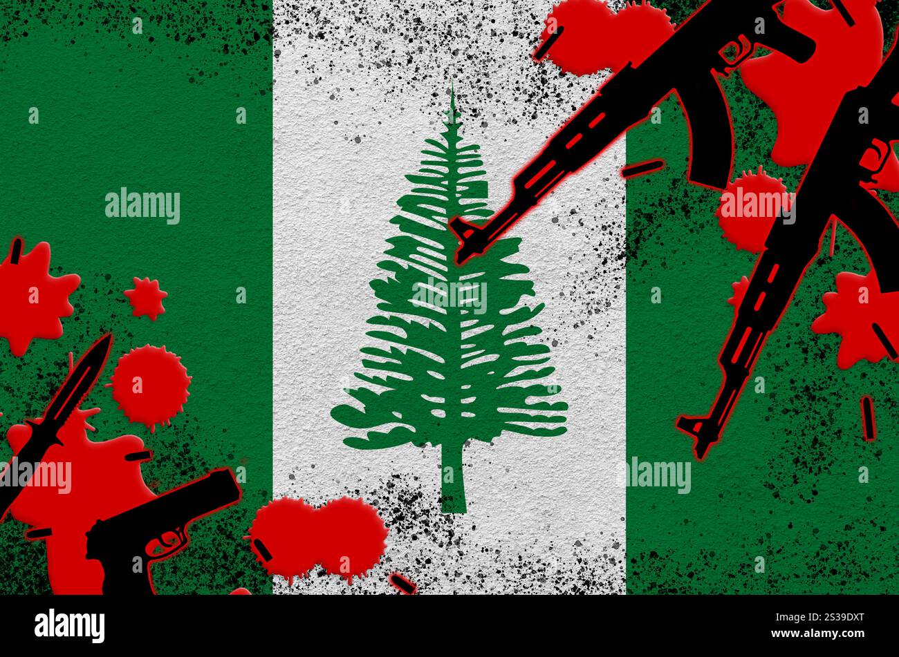 Norfolk island flag and guns in red blood. Concept for terror attack ...