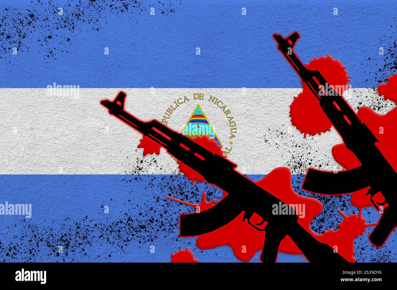 Nicaragua flag and two black AK-47 rifles in red blood. Concept for ...