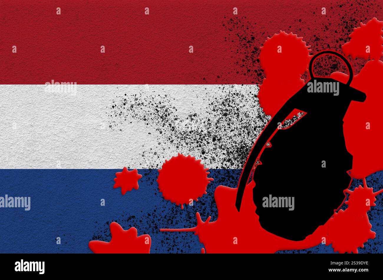 Netherlands flag and MK2 frag grenade in red blood. Concept for terror ...