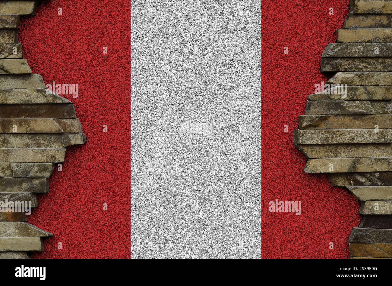 Peru flag depicted in paint colors on old stone wall close up. Textured ...