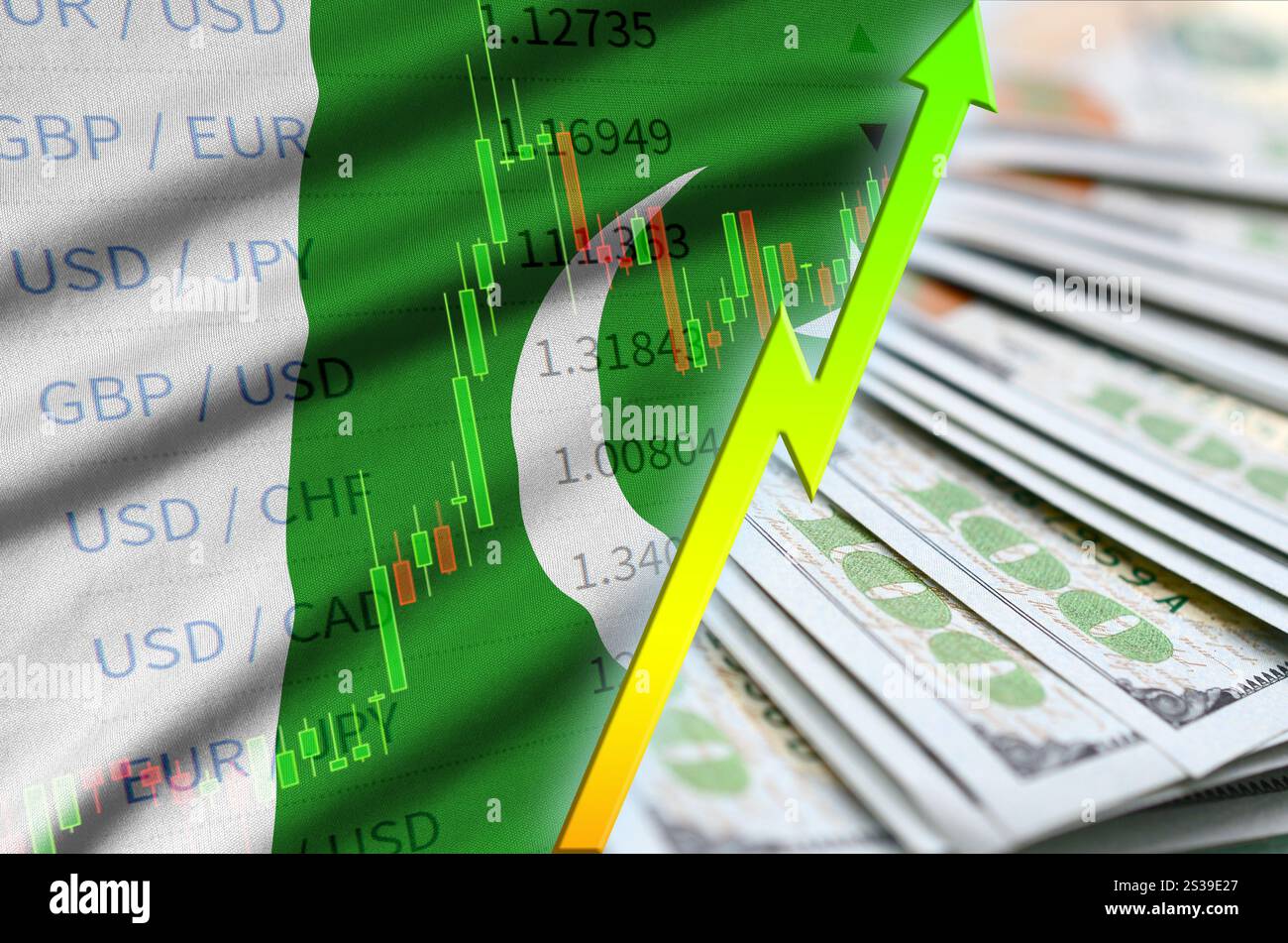 Pakistan flag and chart growing US dollar position with a fan of dollar ...
