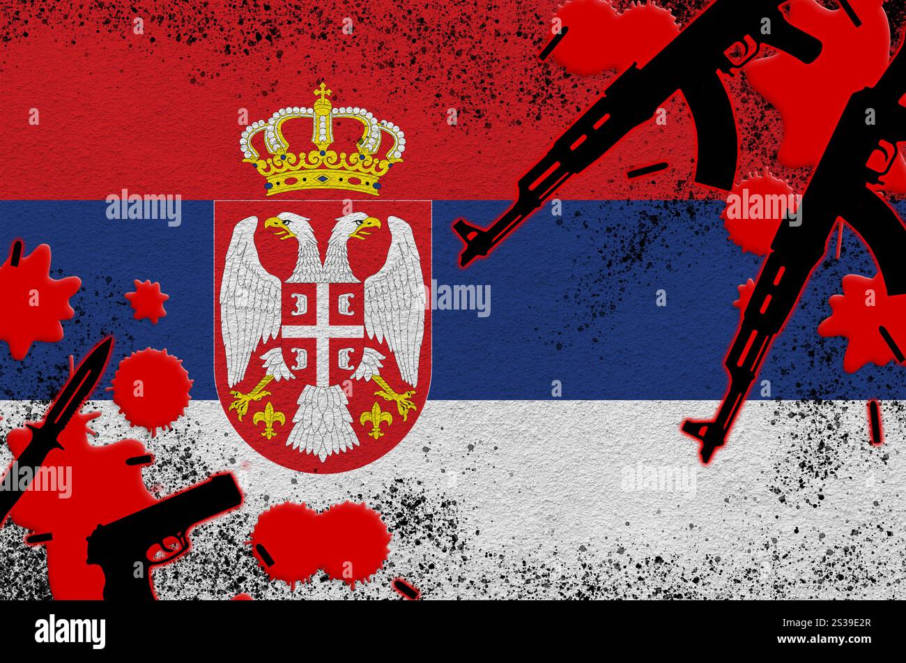 Serbia flag and guns in red blood. Concept for terror attack and ...