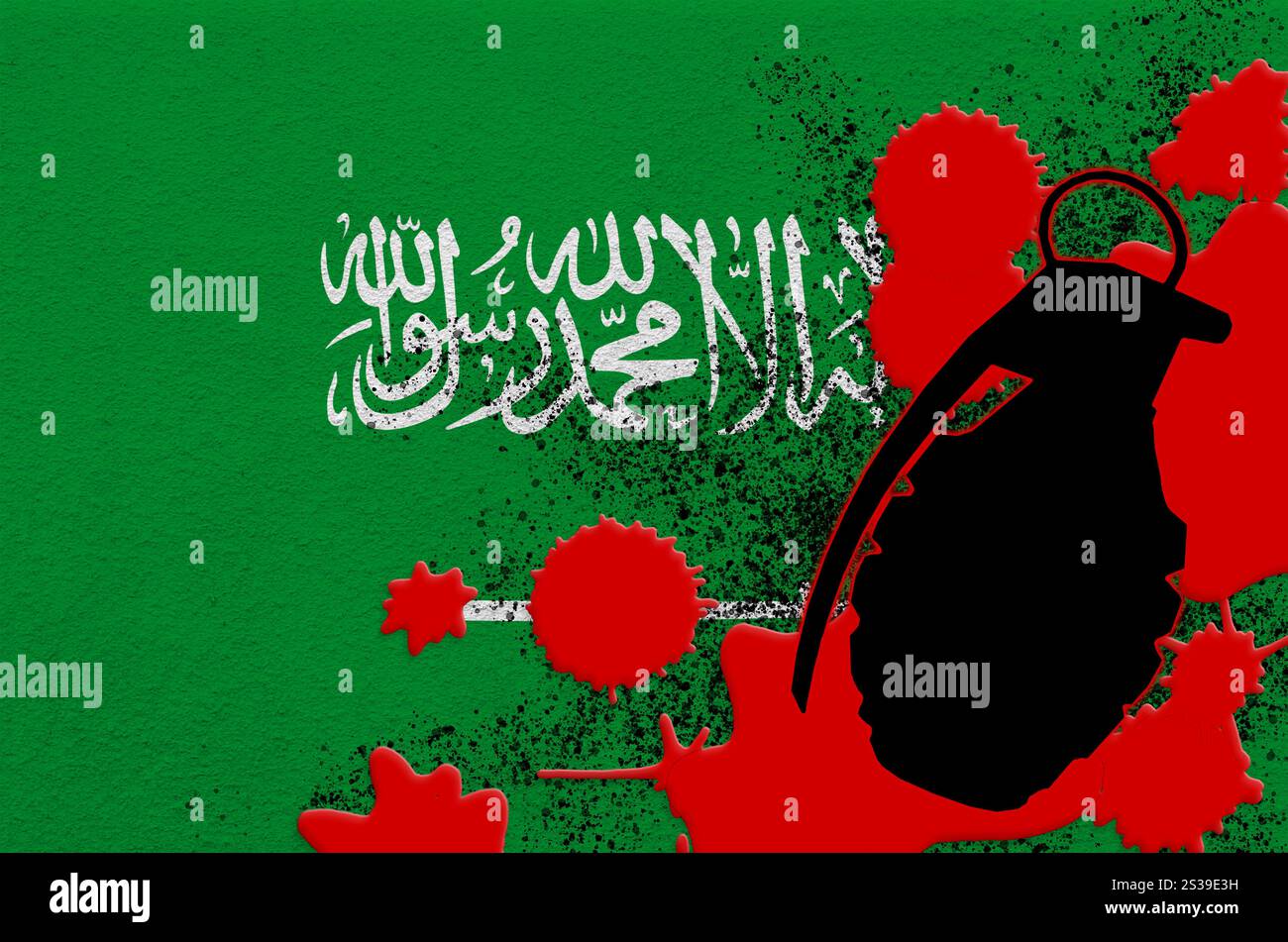 Saudi Arabia flag and MK2 frag grenade in red blood. Concept for terror ...