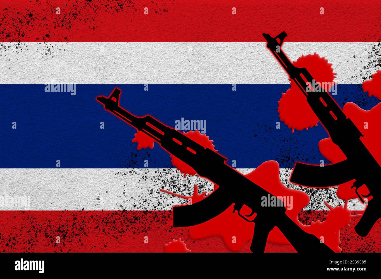 Thailand flag and two black AK-47 rifles in red blood. Concept for ...