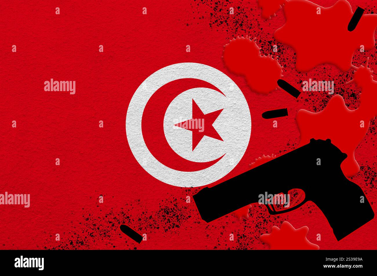 Tunisia flag and black firearm in red blood. Concept for terror attack ...