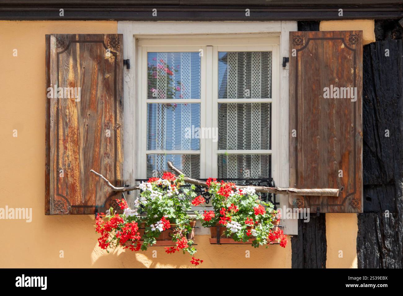 Window with shutters and flower box Stock Photo - Alamy