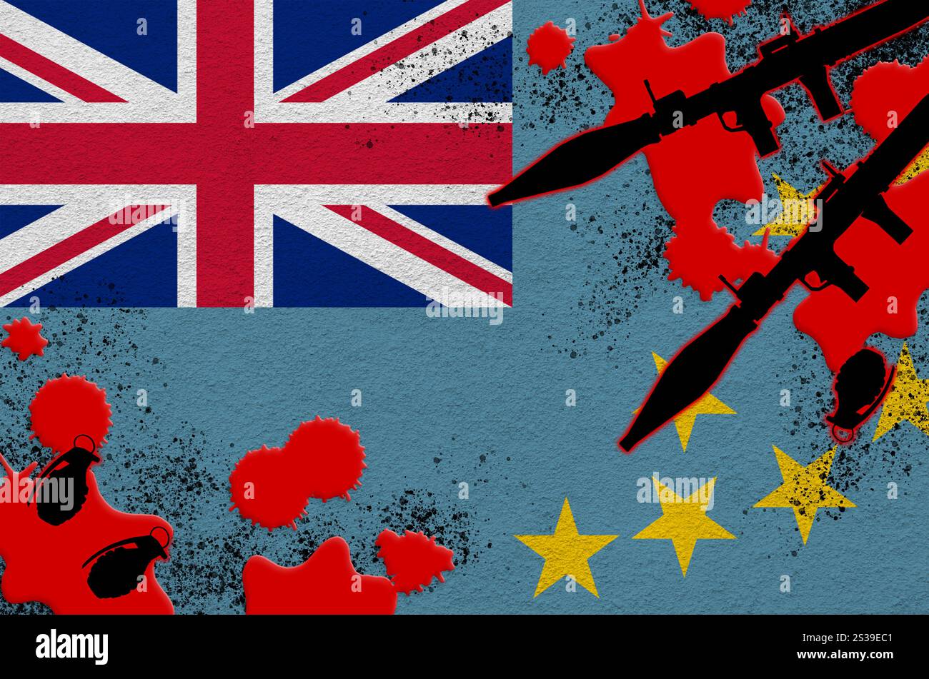 Tuvalu flag and rocket launchers with grenades in blood. Concept for ...