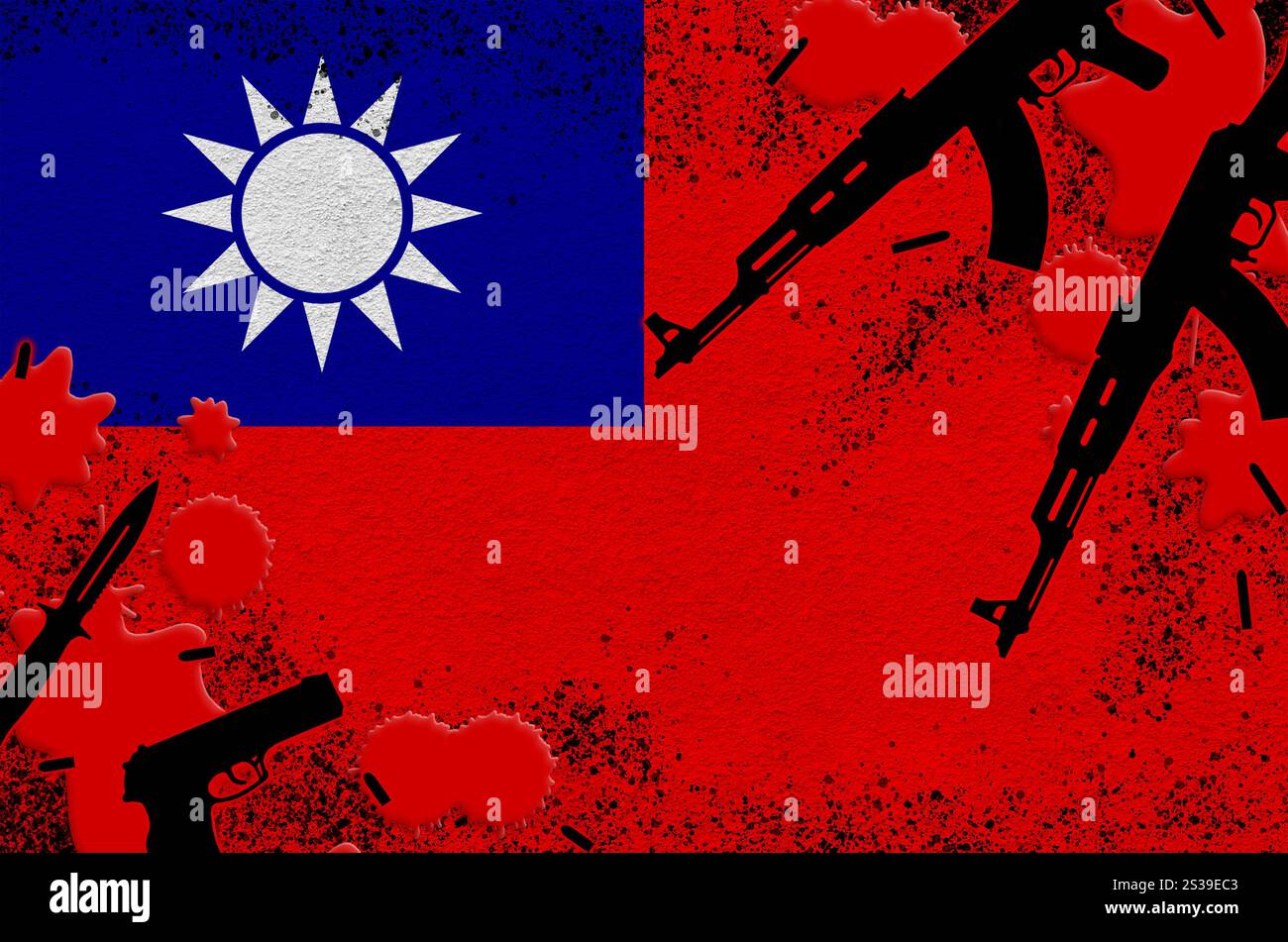 Taiwan flag and guns in red blood. Concept for terror attack and ...
