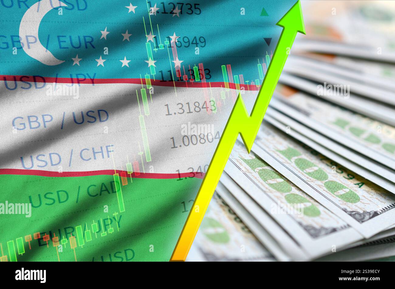 Uzbekistan flag and chart growing US dollar position with a fan of dollar bills. Concept of ...