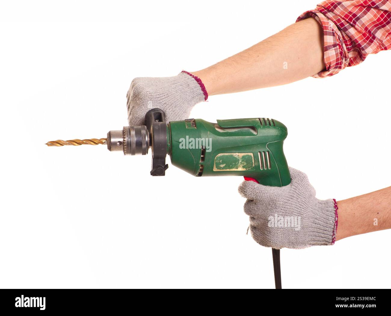 holding drill on hands isolated on white background. holding drill on ...