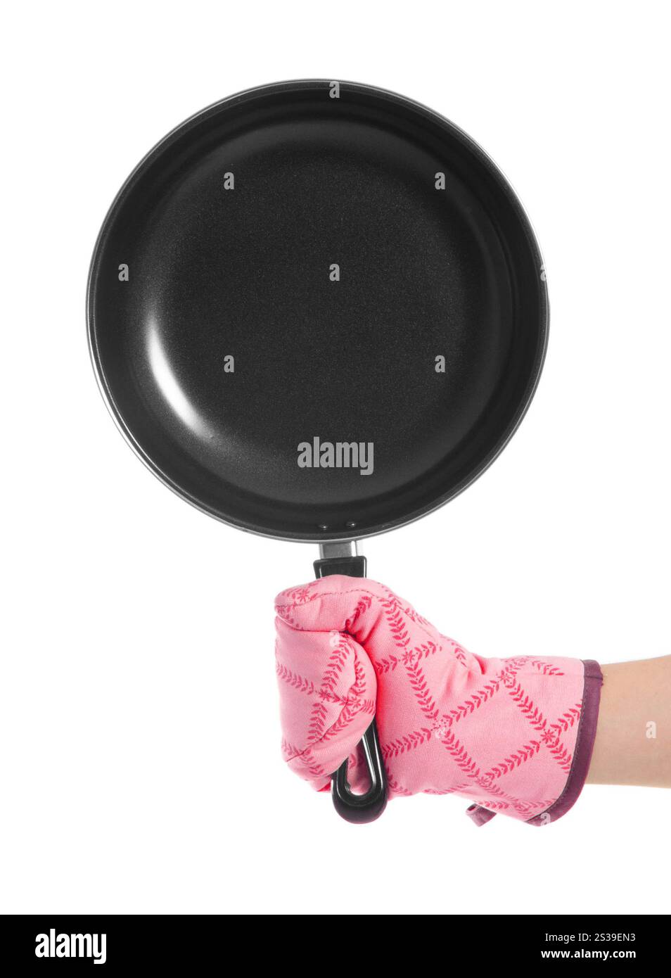 hand in gloves holding pan isolated on white background. hand in gloves ...