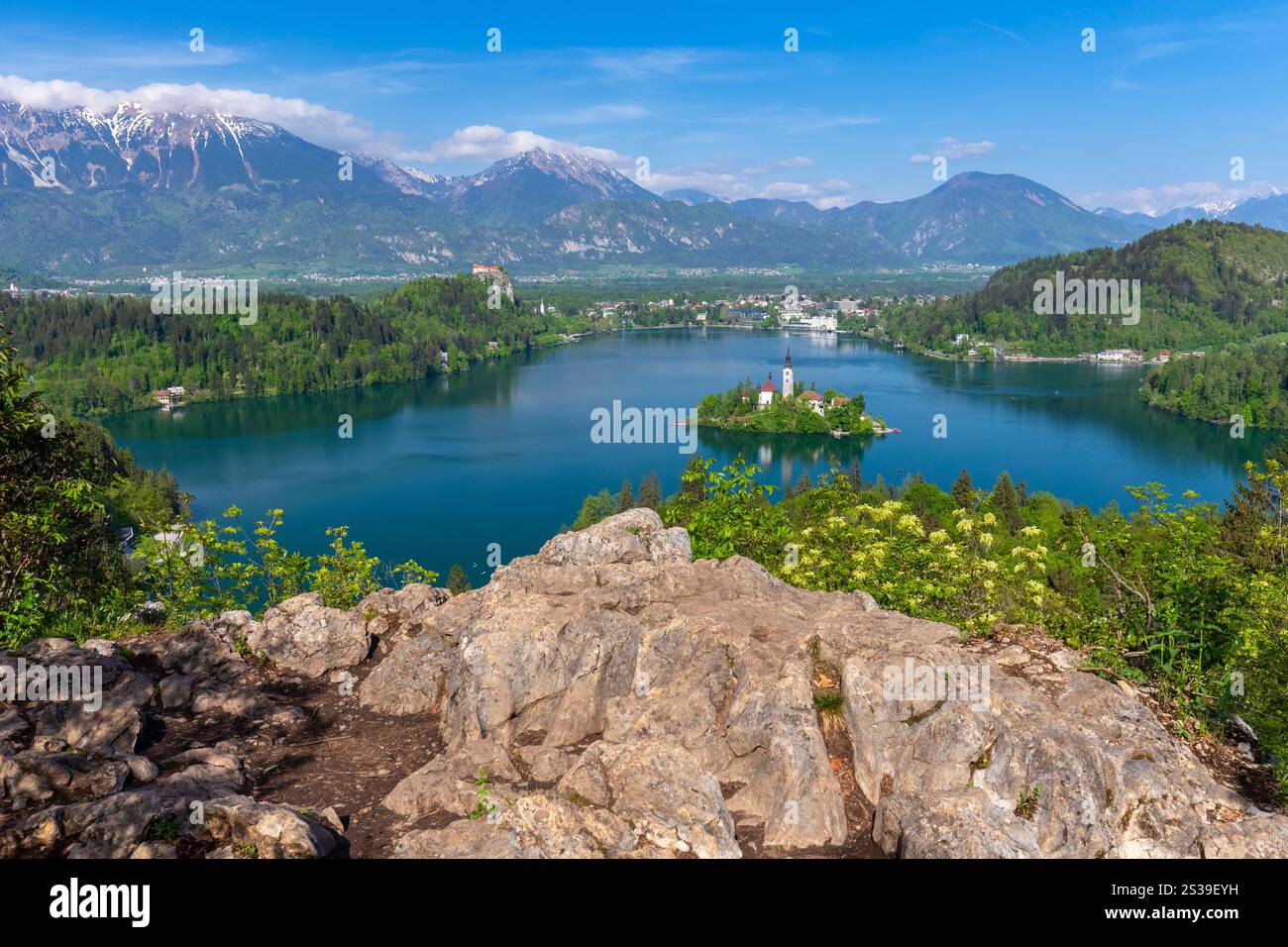View of lake Bled at in spring with the small island and Assumption of ...