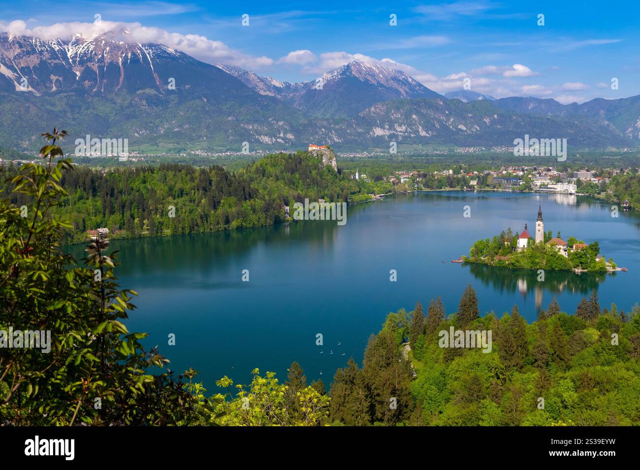 View of lake Bled at in spring with the small island and Assumption of ...