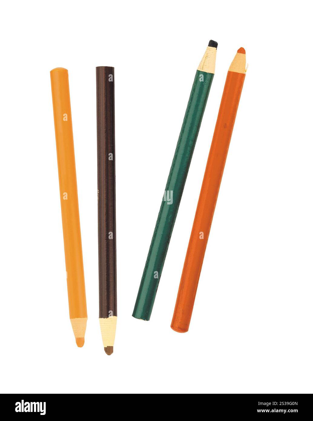 four colored pencils across isolated on white background. four colored ...