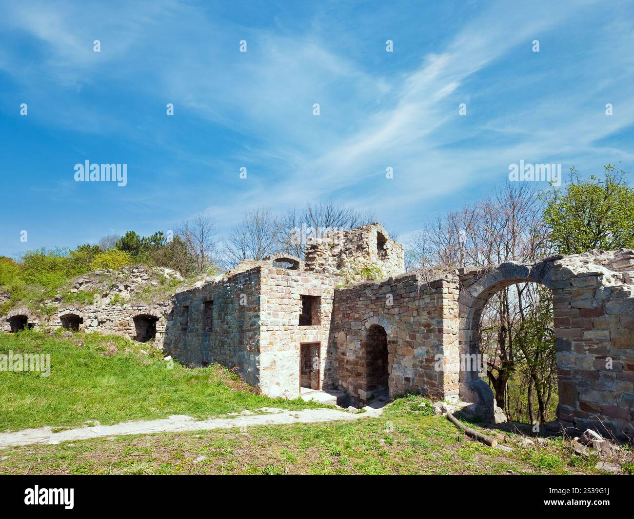 Spring view of Terebovlia castle ruins (Ternopil Oblast, Ukraine ...