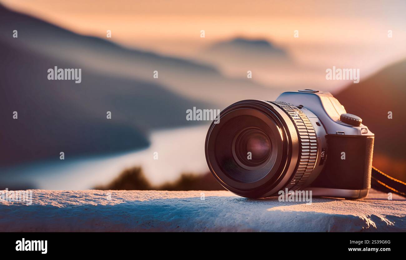 A camera resting on top of a mountain, capturing the scenery of a body ...