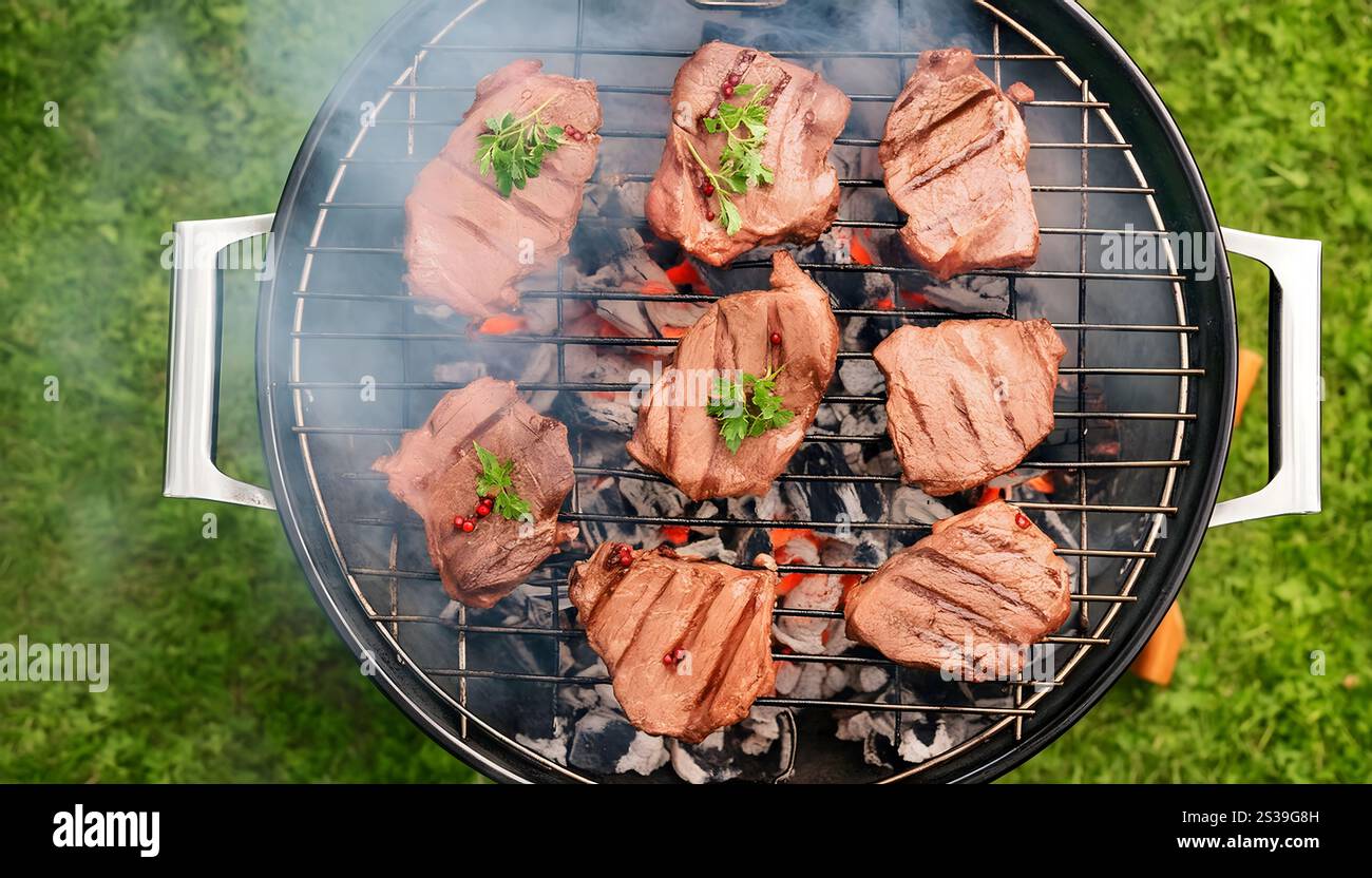 A detailed view of a grill with meat sizzling over the flames, cooking ...