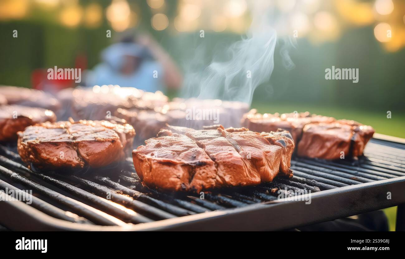 A detailed view of a grill with meat sizzling over the flames, cooking ...
