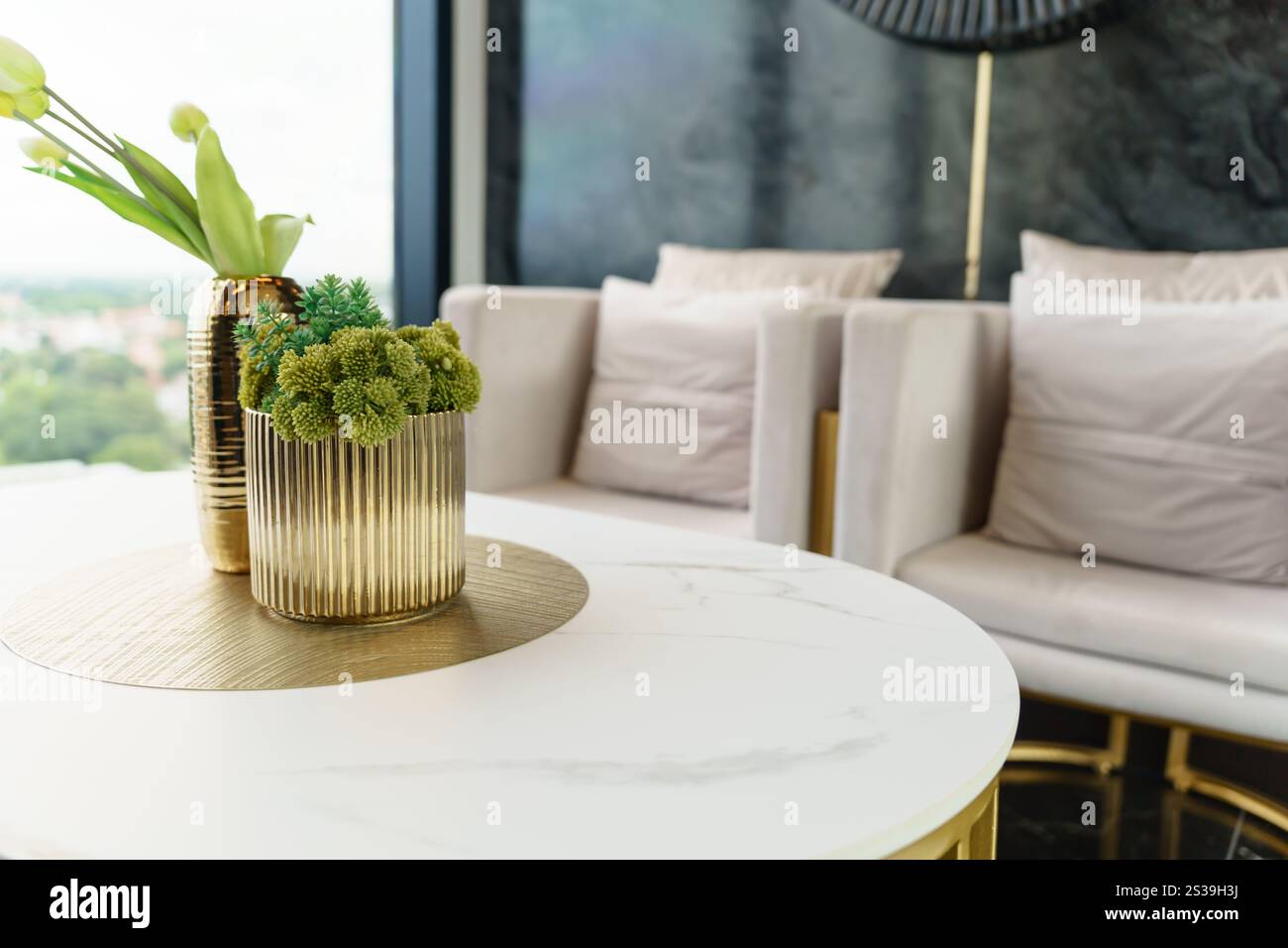 Home interior with decor wooden table and plants decoration interior ...